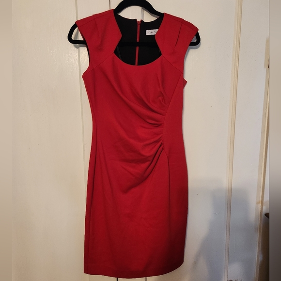 Calvin Klein | Dresses | Calvin Klein Red Dress Scalloped Neck Line ...